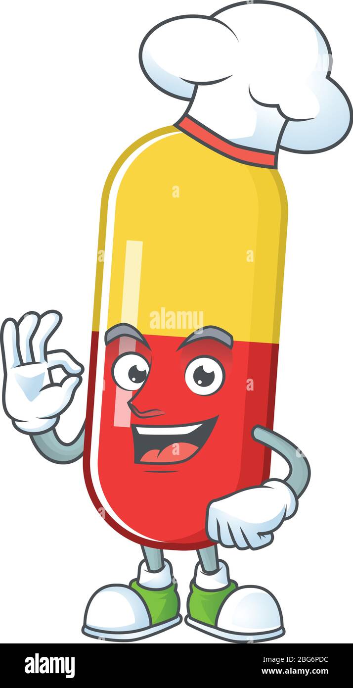 Red yellow capsules cartoon design style proudly wearing white chef hat ...
