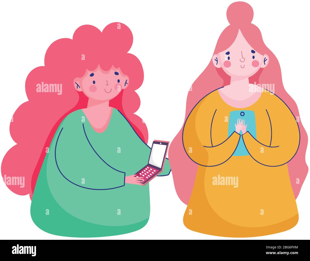 people and smartphone, young women chatting using mobile gadgets vector ...