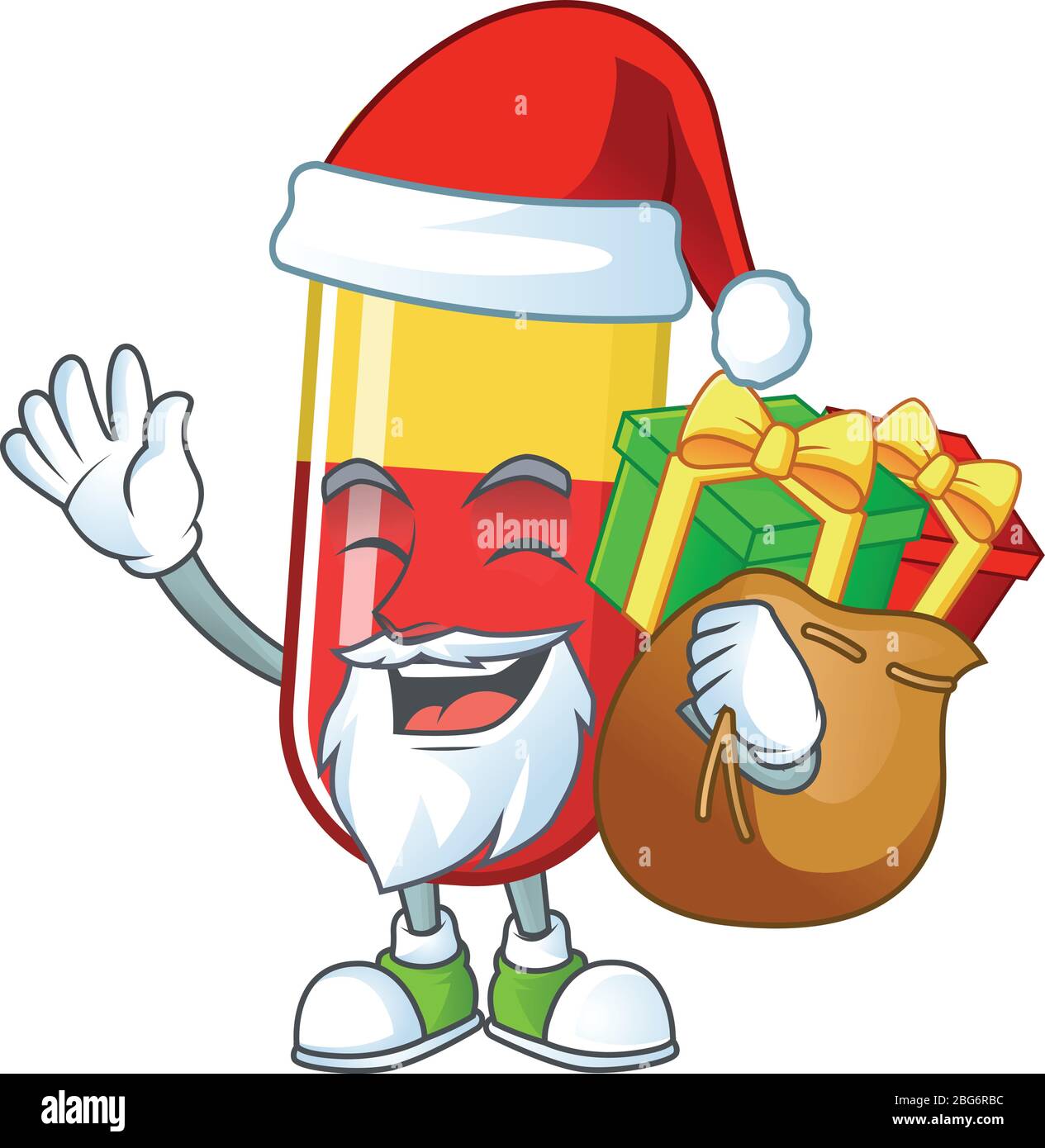 Santa red yellow capsules Cartoon character design with sacks of gifts ...