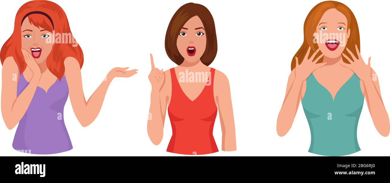 Surprised pretty woman. Astonished laughing girl cartoon vector set ...
