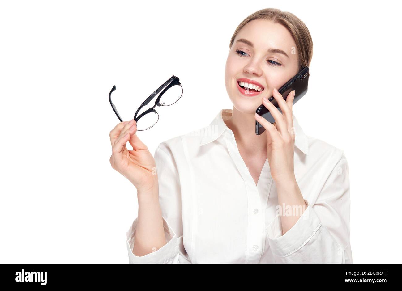 happy confident business woman talking on the mobile cell phone ...