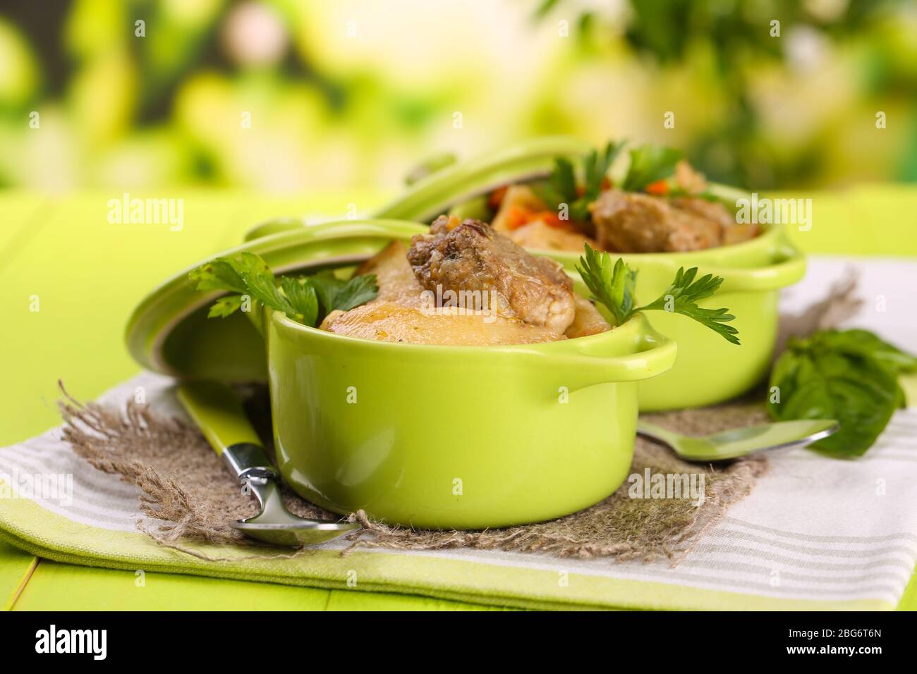 Homemade beef stir fry with vegetables in color pans, on bright ...