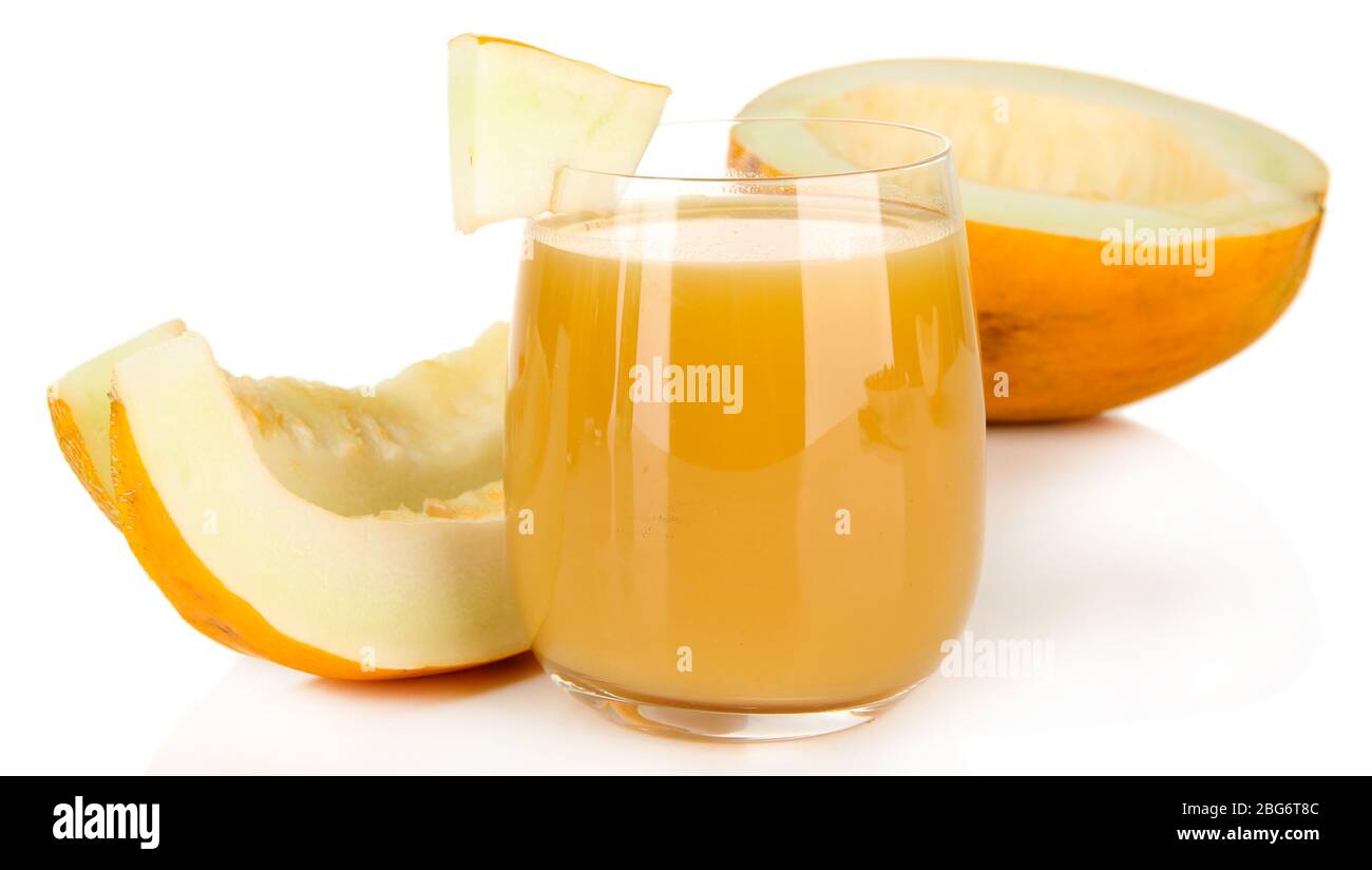 Delicious juice of melon isolated on white Stock Photo - Alamy