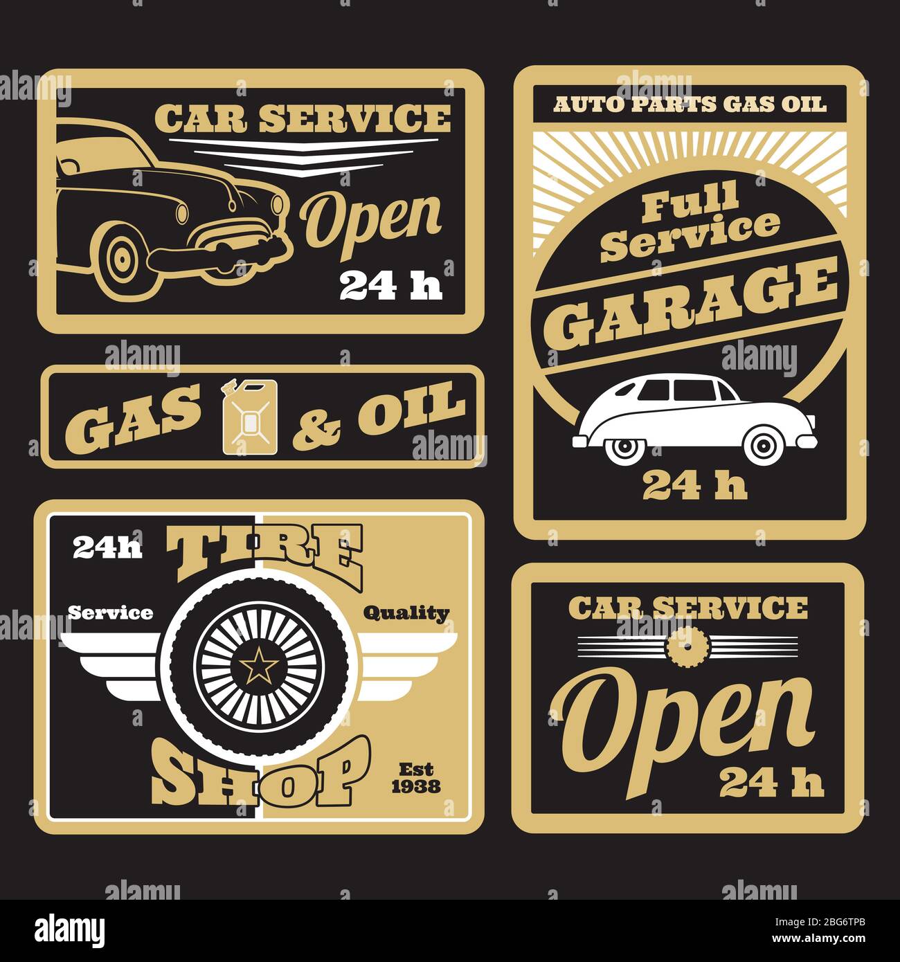 Black golden retro vintage car service labels of set. Vector ...