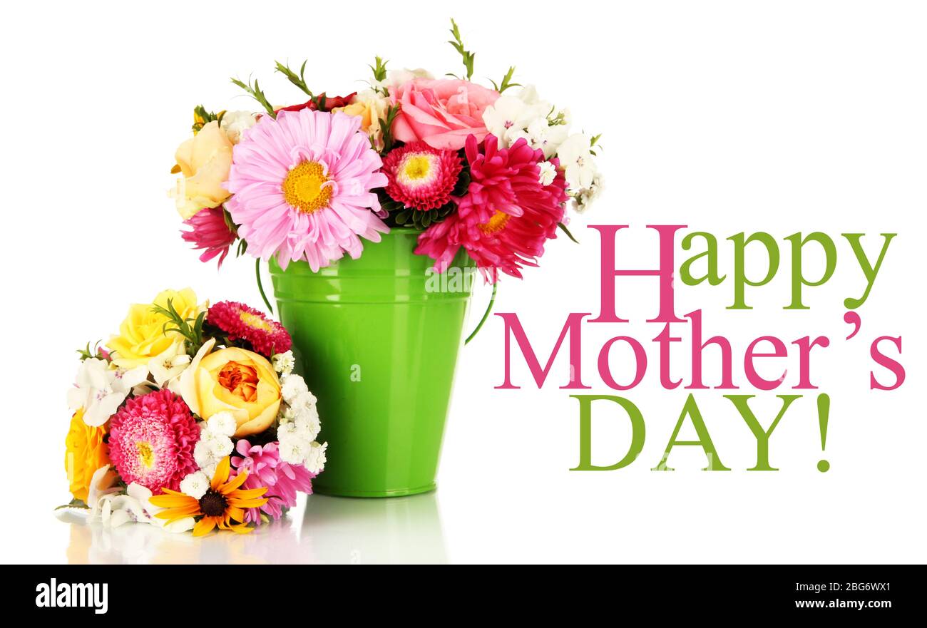 Beautiful bouquet of bright flowers in color vase, isolated on white ...