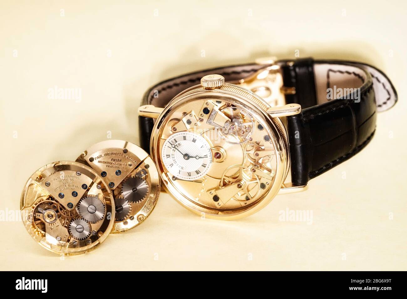 Mechanics of time: closeup of a Breguet watch showing internal ...