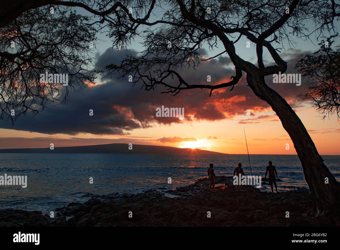 fishermen fishing at sunset with Beautiful lone tree leaning over the ...