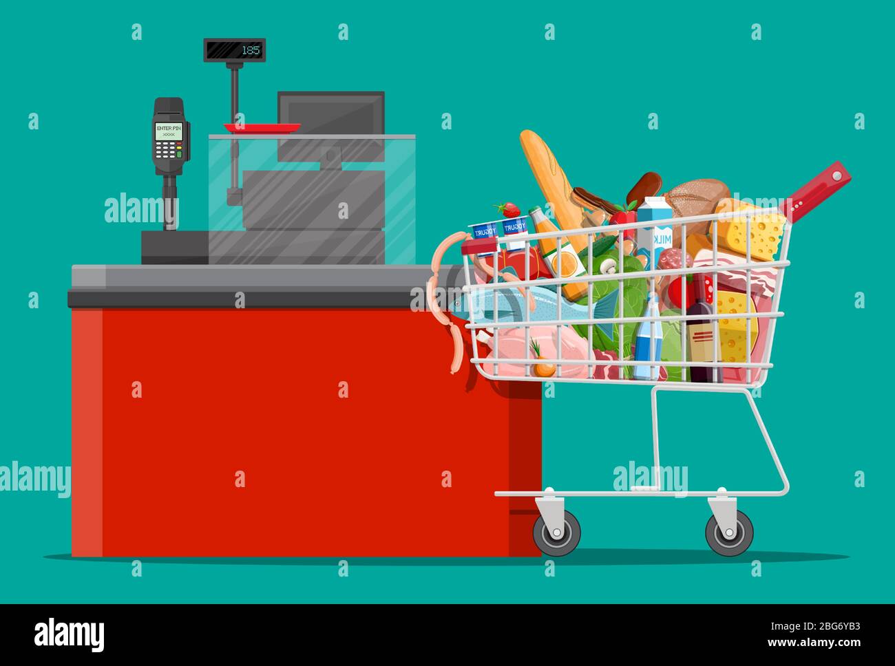Groceries in checkout counter. Grocery store collection. Supermarket ...