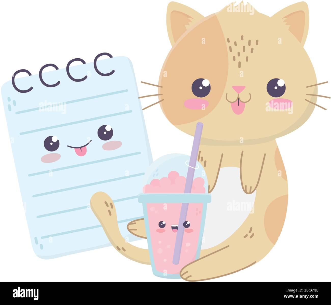 cute cat milkshake and notepad kawaii cartoon character vector ...