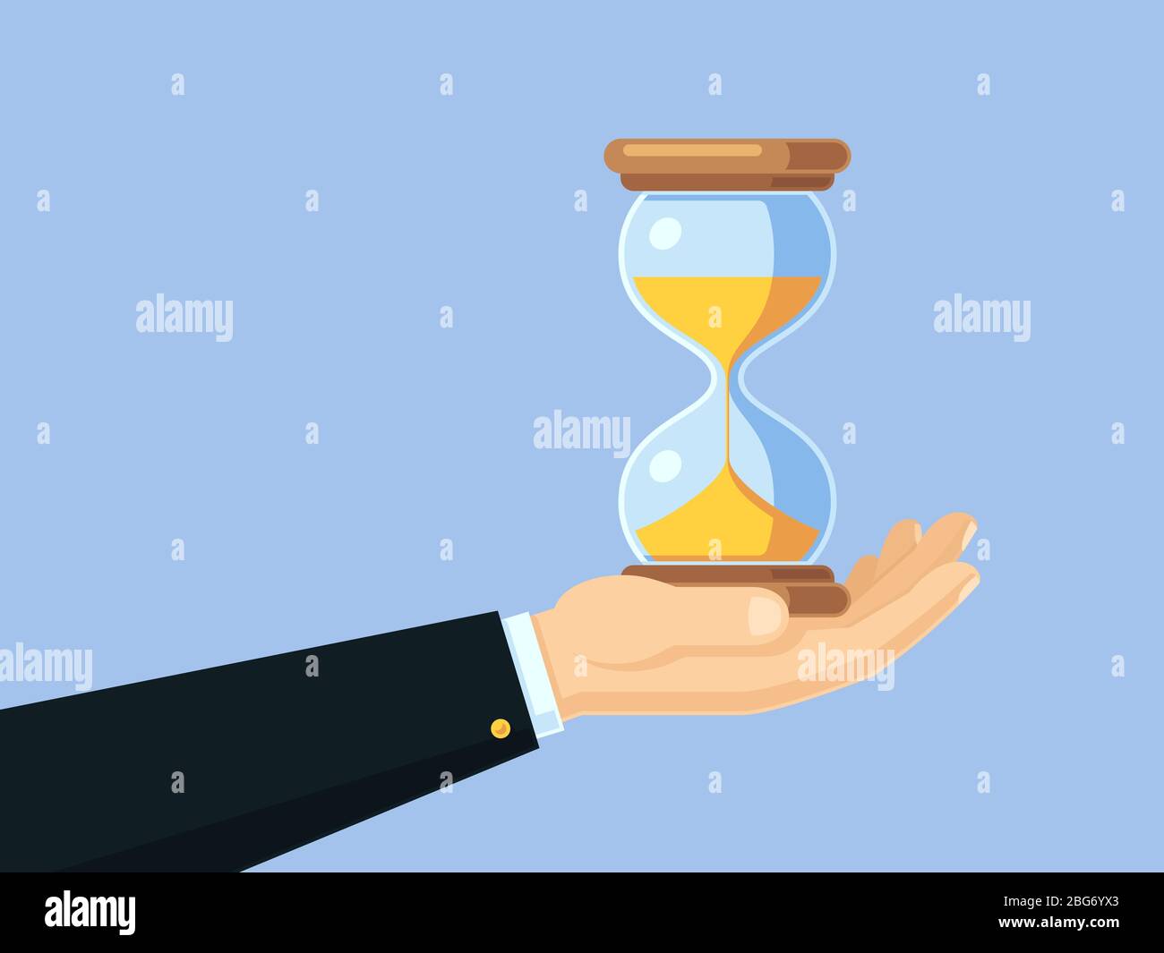 Cartoon businessman hand holding antique hourglass. Time management ...
