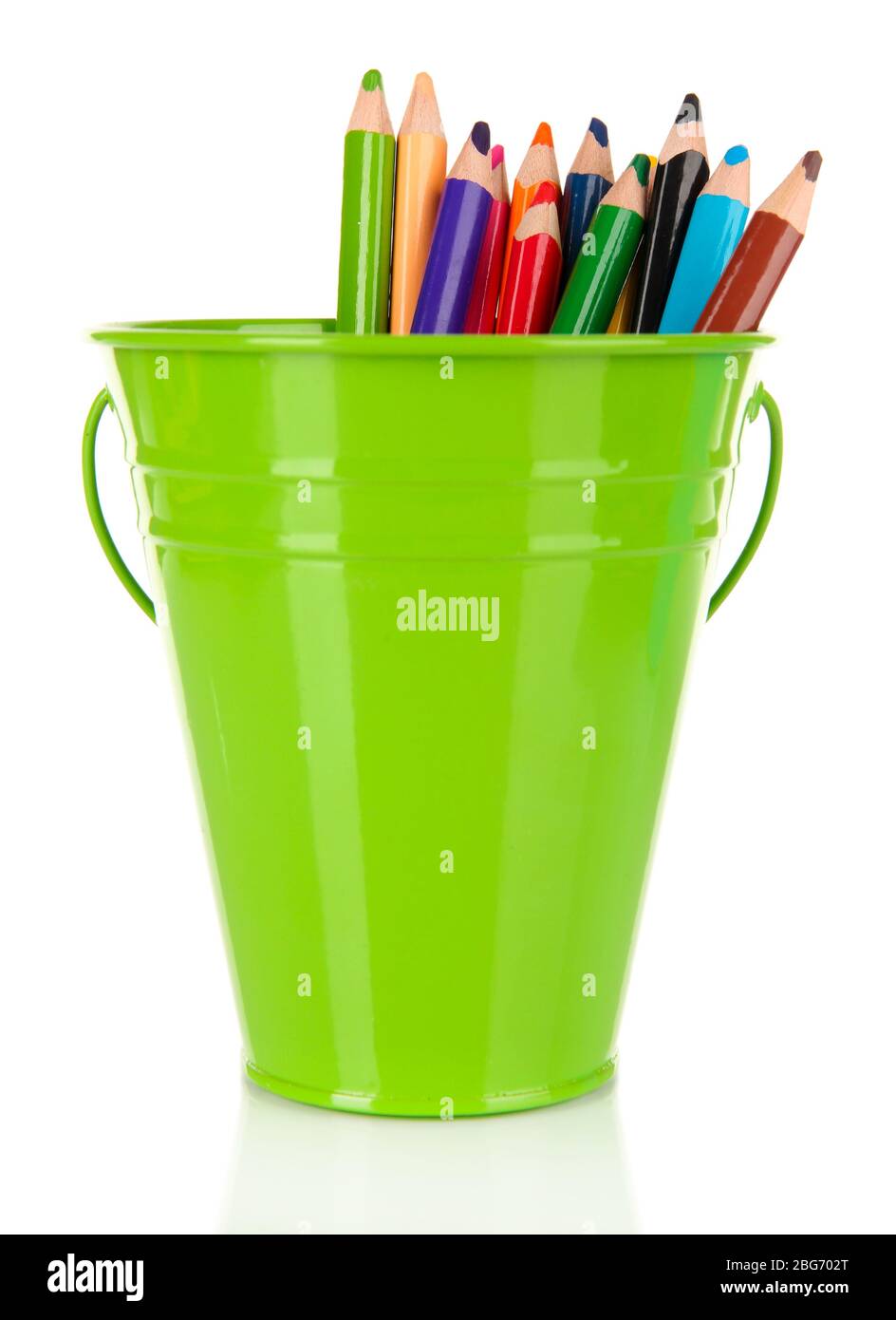 Color bucket with multicolor pencils, isolated on white Stock Photo - Alamy