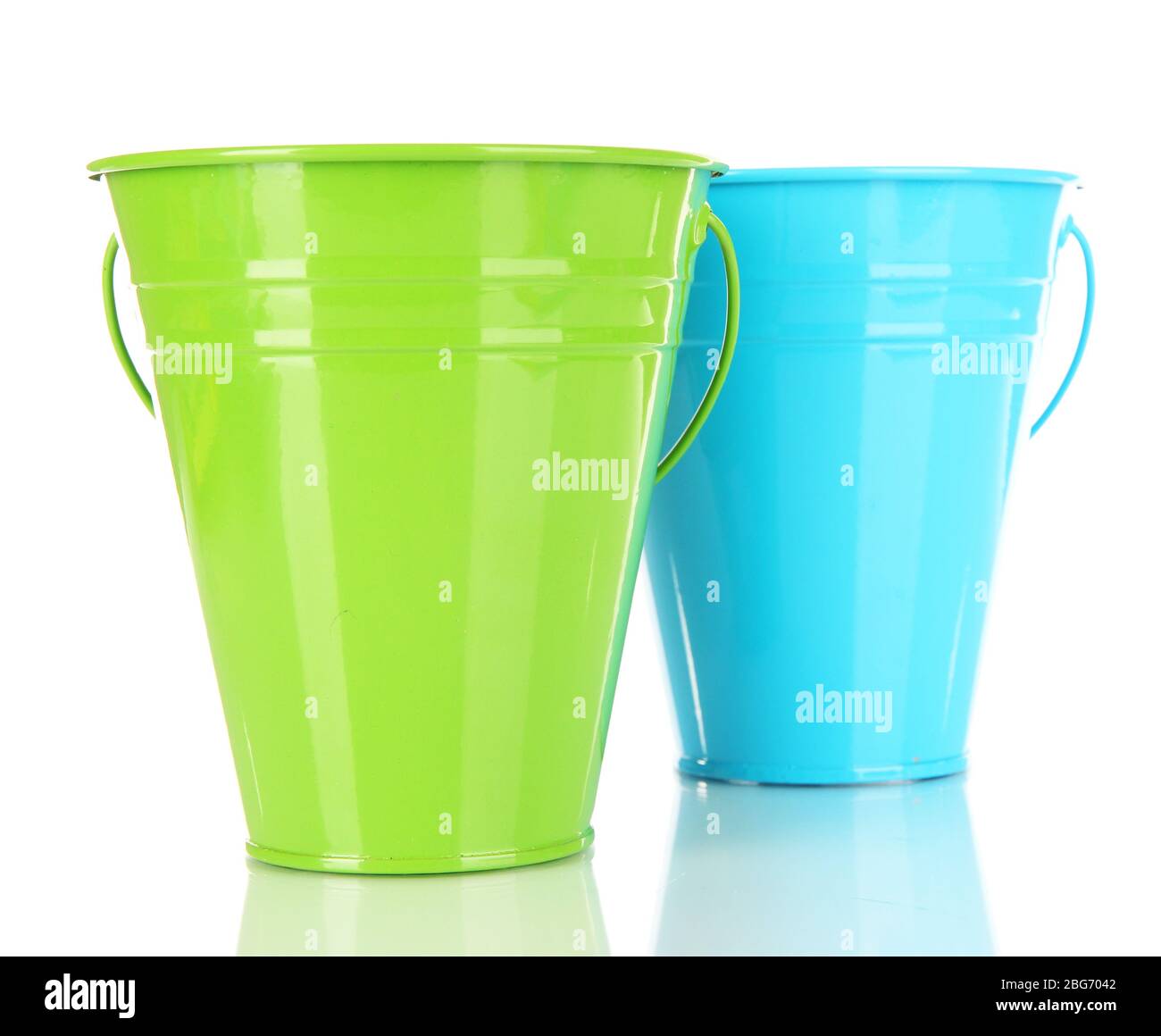 Empty color buckets, isolated on white Stock Photo - Alamy