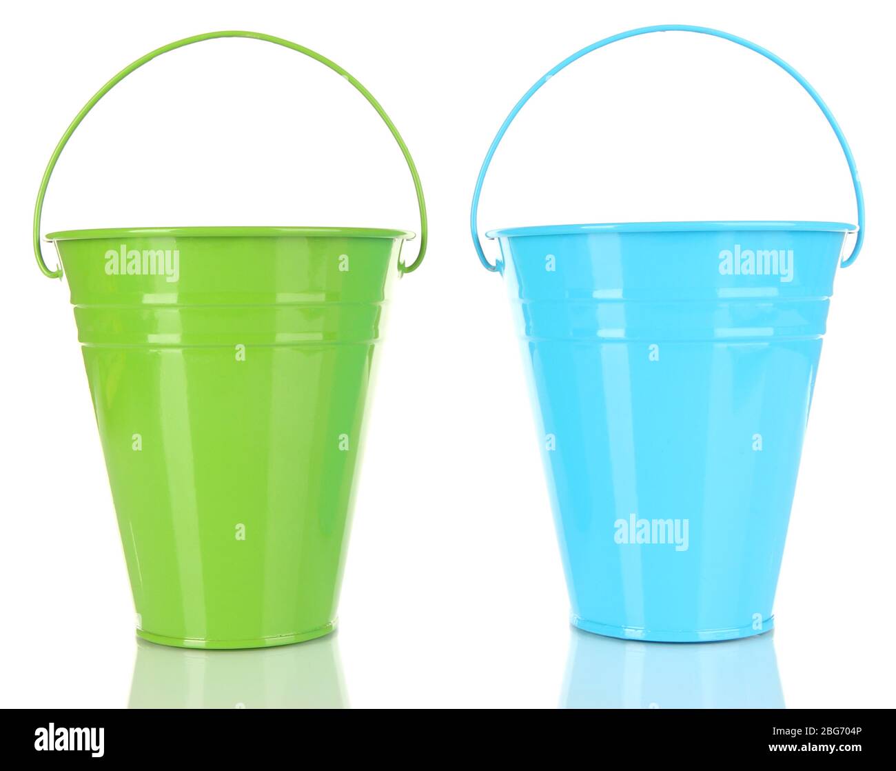 Empty color buckets, isolated on white Stock Photo - Alamy