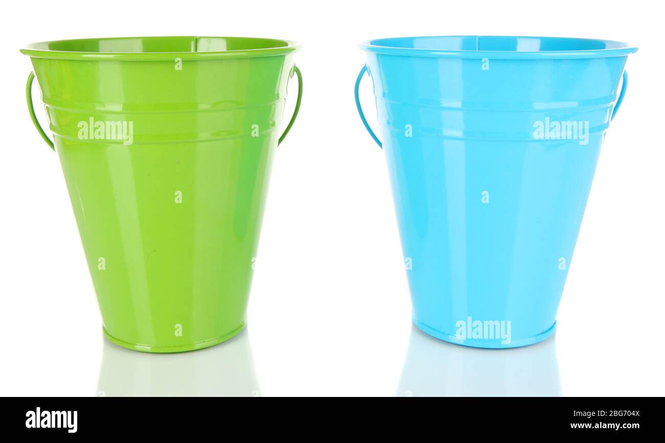 Empty color buckets, isolated on white Stock Photo - Alamy