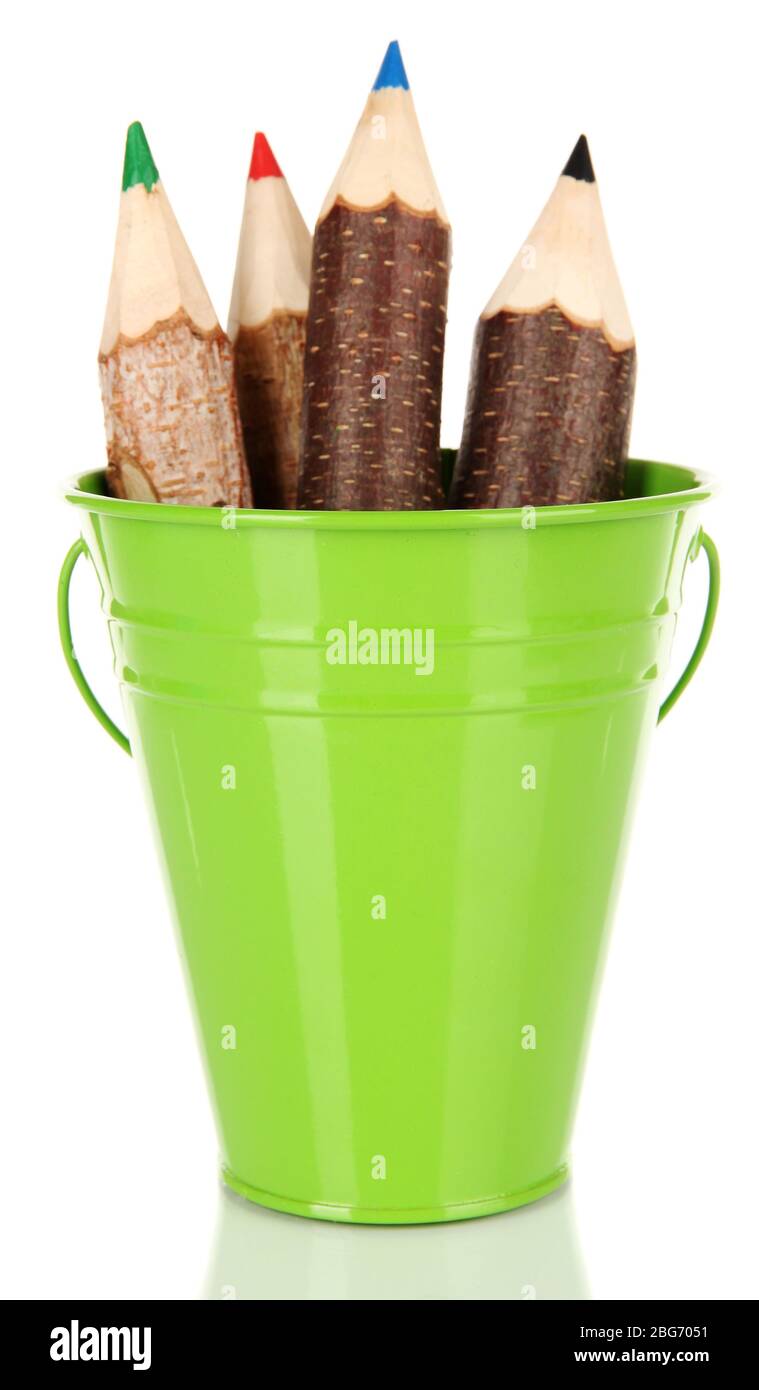 Color bucket with multicolor pencils, isolated on white Stock Photo - Alamy