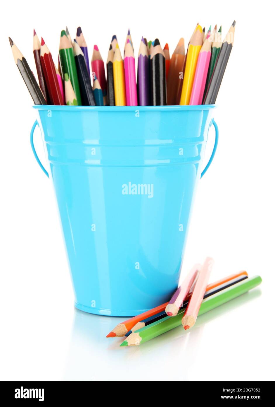 Color bucket with multicolor pencils, isolated on white Stock Photo - Alamy