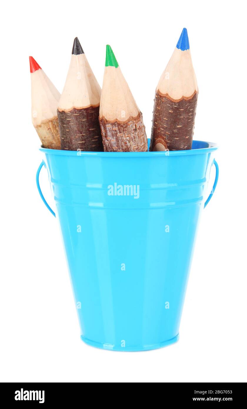 Color bucket with multicolor pencils, isolated on white Stock Photo - Alamy