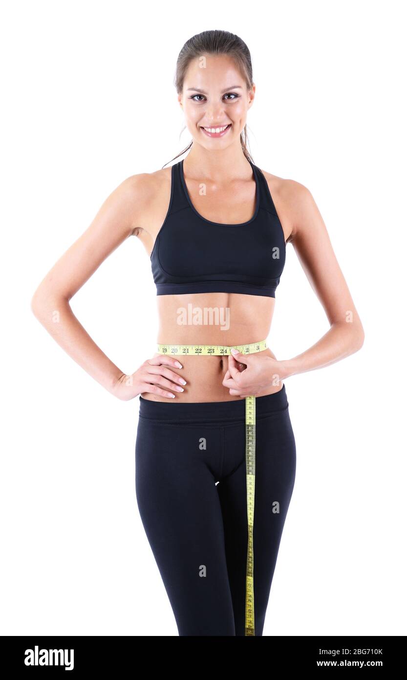 Young woman with measuring tape, isolated on white Stock Photo - Alamy