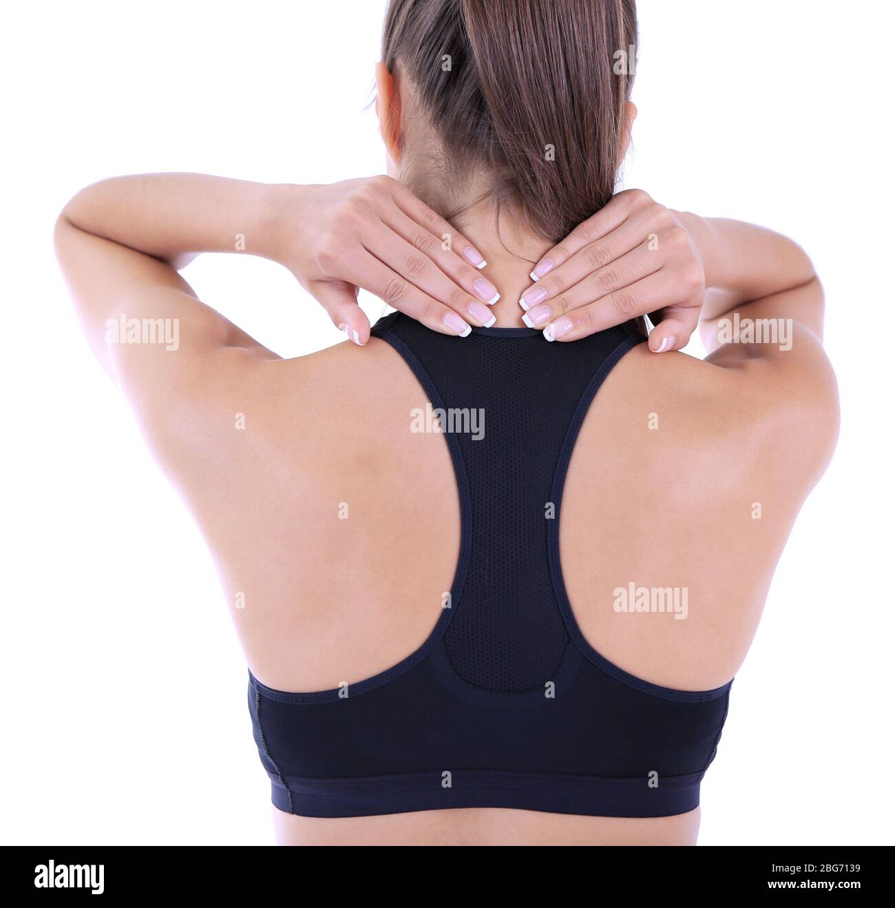 Young girl and pain in neck isolated on white Stock Photo - Alamy