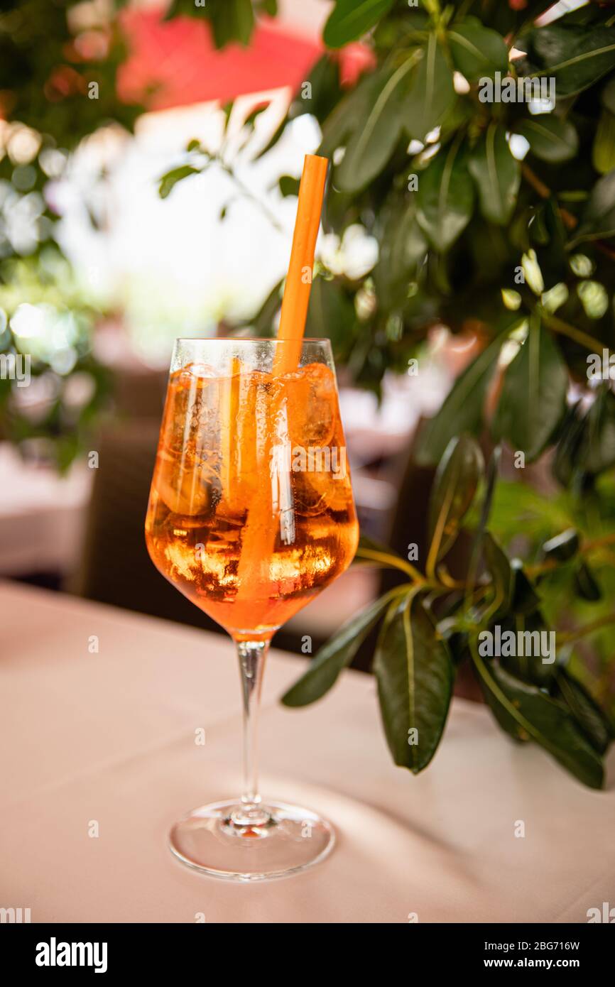 Orange aperol spritz alcoholic summer drink near green plant in cafe ...