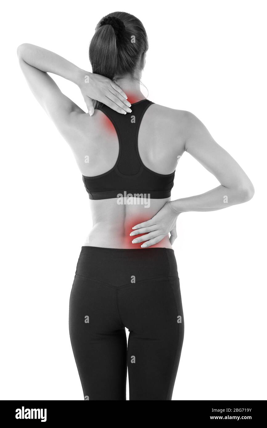 Back pain in young girl isolated on white Stock Photo - Alamy