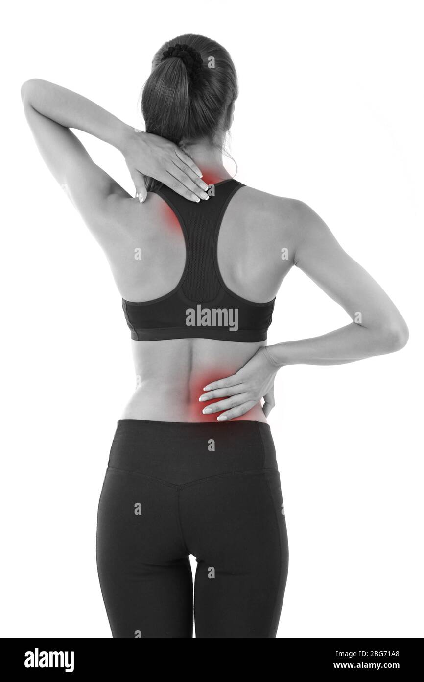 Back pain in young girls isolated on white Stock Photo - Alamy