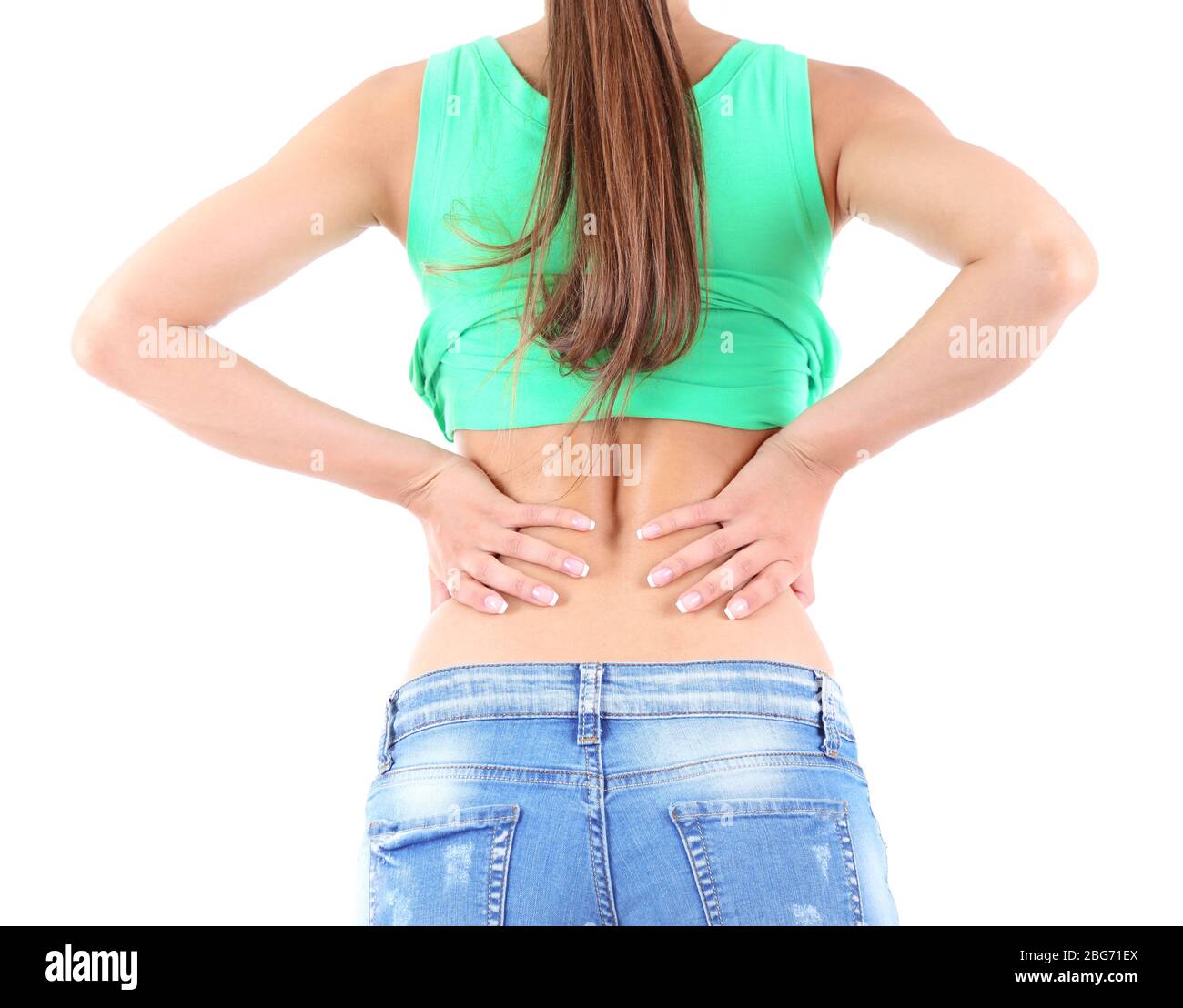 Back pain in young girls isolated on white Stock Photo - Alamy