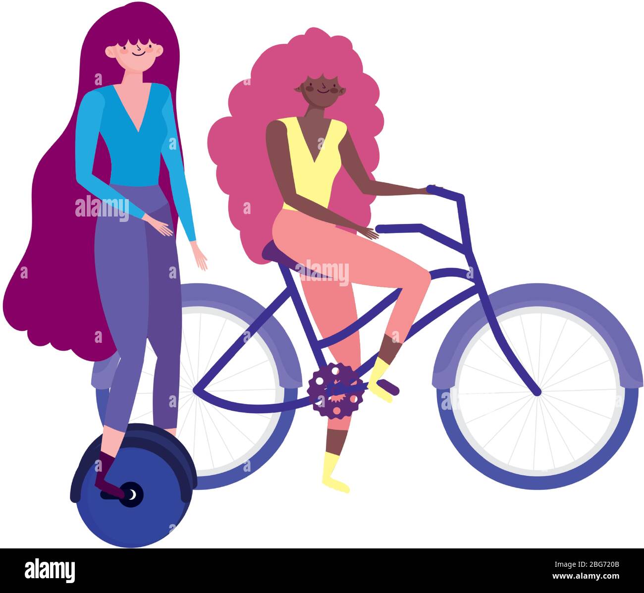 eco friendly transport, women with unicycle and bicycle cartoon ...
