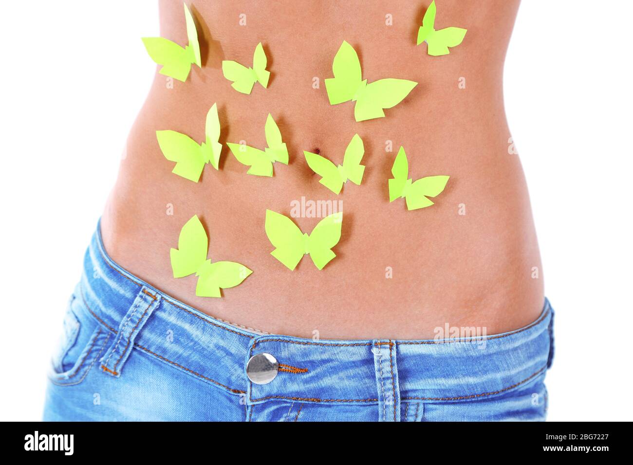 Butterfly on stomach isolated on white Stock Photo - Alamy