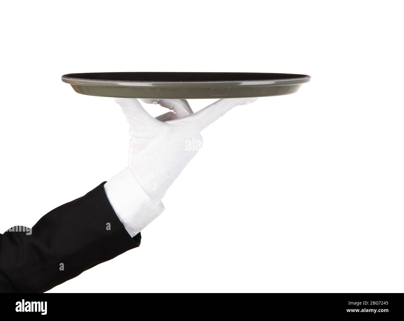 Empty tray in hand waiter isolated on white Stock Photo - Alamy