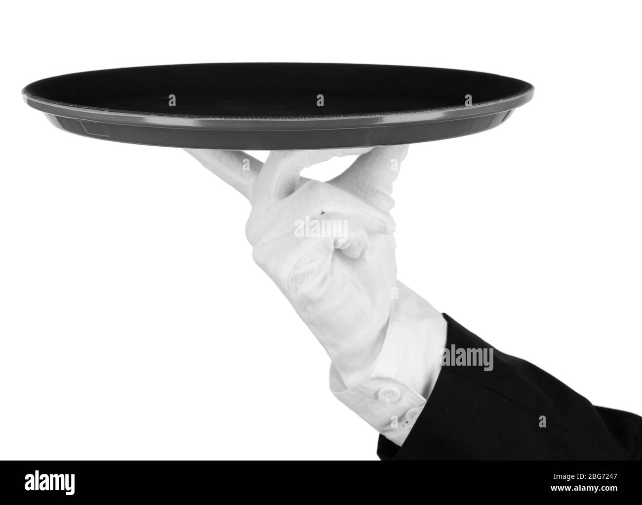 Empty tray in hand waiter isolated on white Stock Photo - Alamy