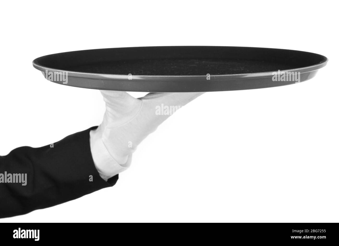 Empty tray in hand waiter isolated on white Stock Photo - Alamy