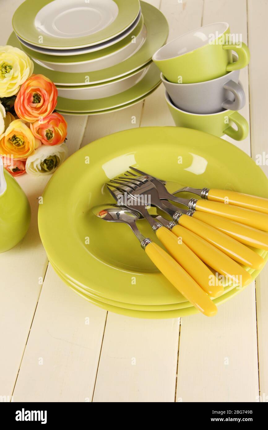 Lots beautiful dishes on wooden table close-up Stock Photo - Alamy