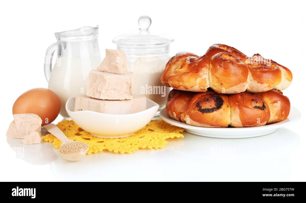 Dry yeast with pastry and baking ingredients isolated on white Stock ...