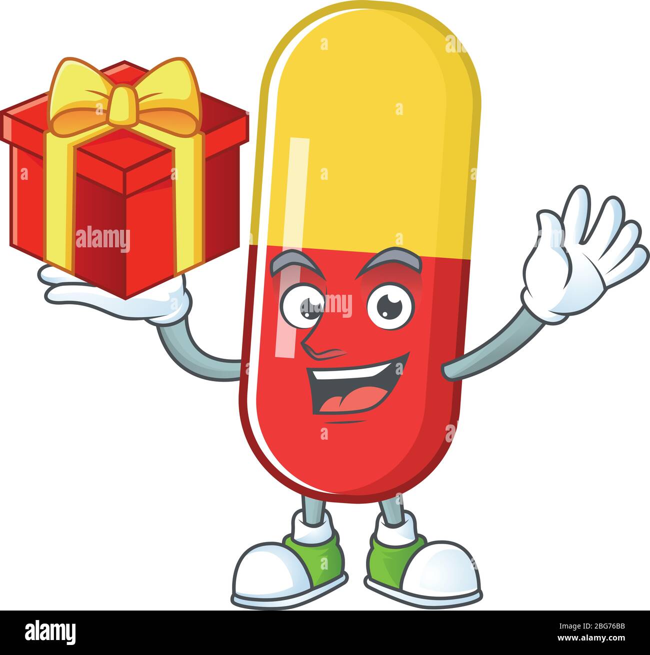 Charming red yellow capsules mascot design has a red box of gift Stock ...