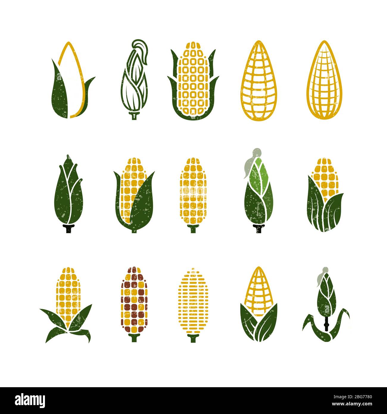 Vintage grunge vector corn icons of set isolated on white background ...
