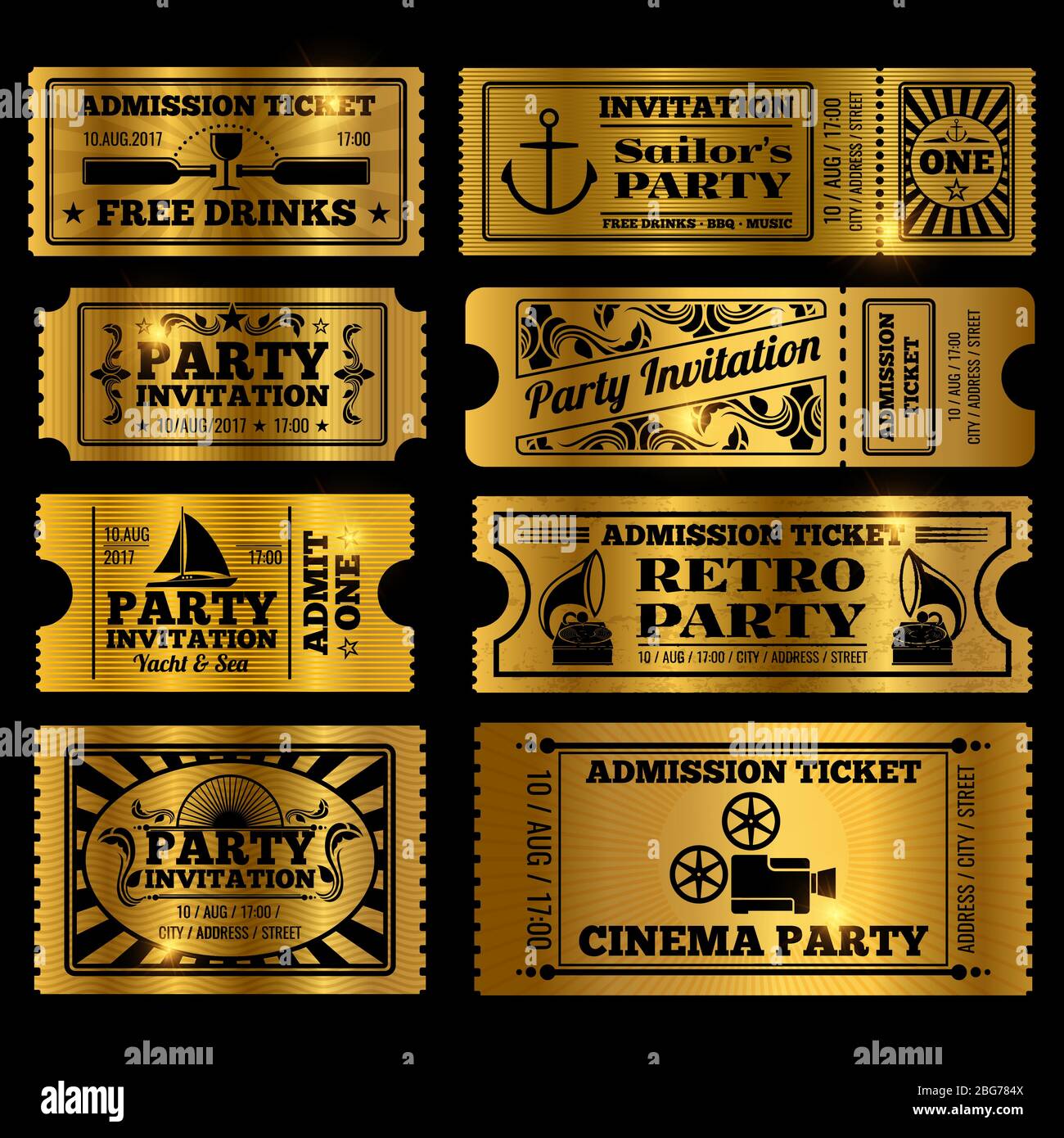 Retro party, cinema, invitation vector tickets set. Vector golden tickets isolated on black ...