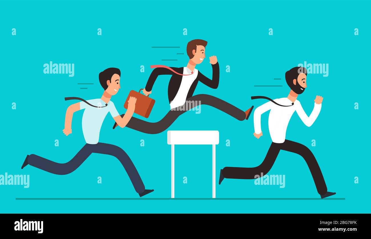 Business people overcome hurdles. Steeplechase competition, leadership ...