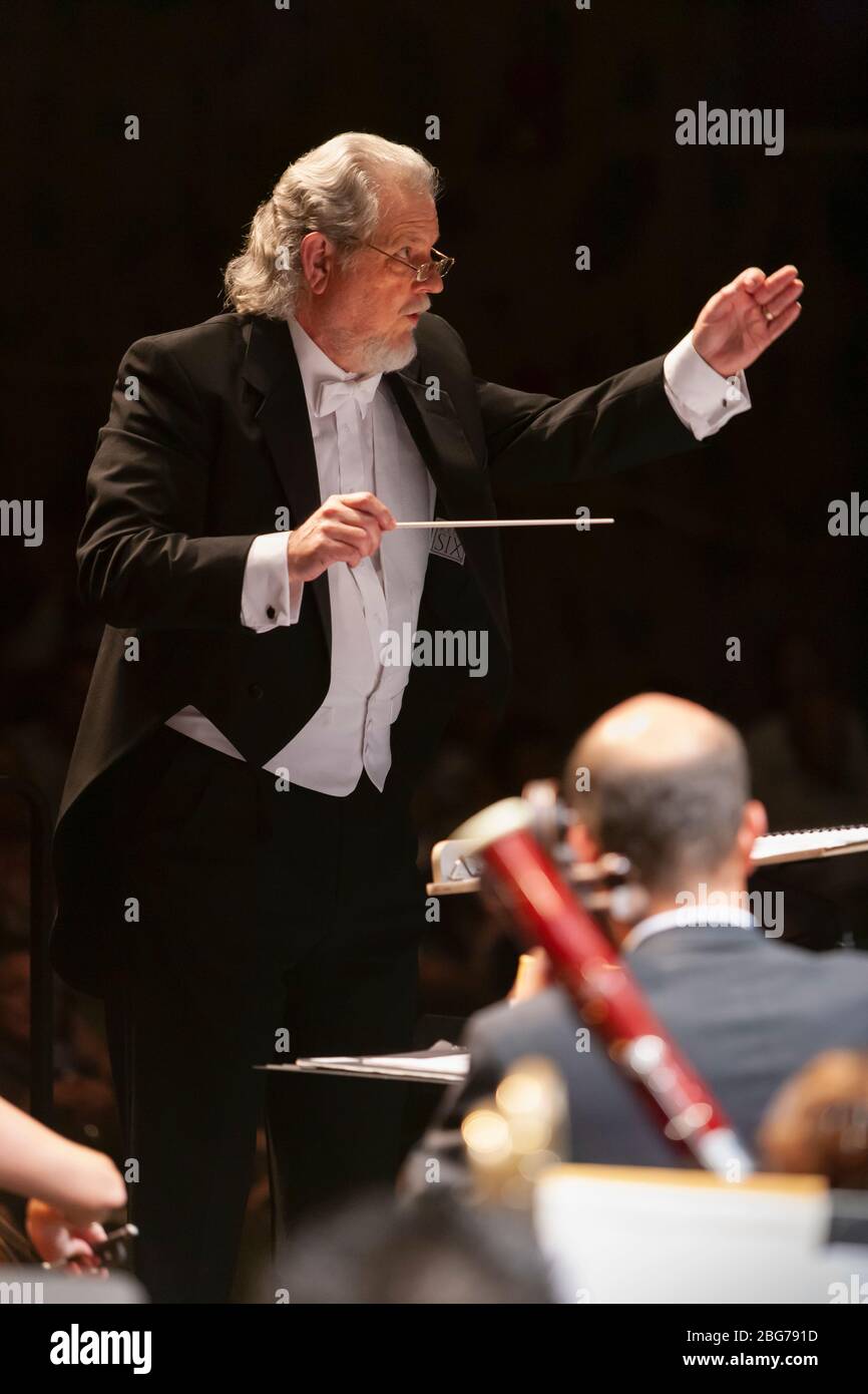 Conductor (model released) directs classical orchestra in performance ...