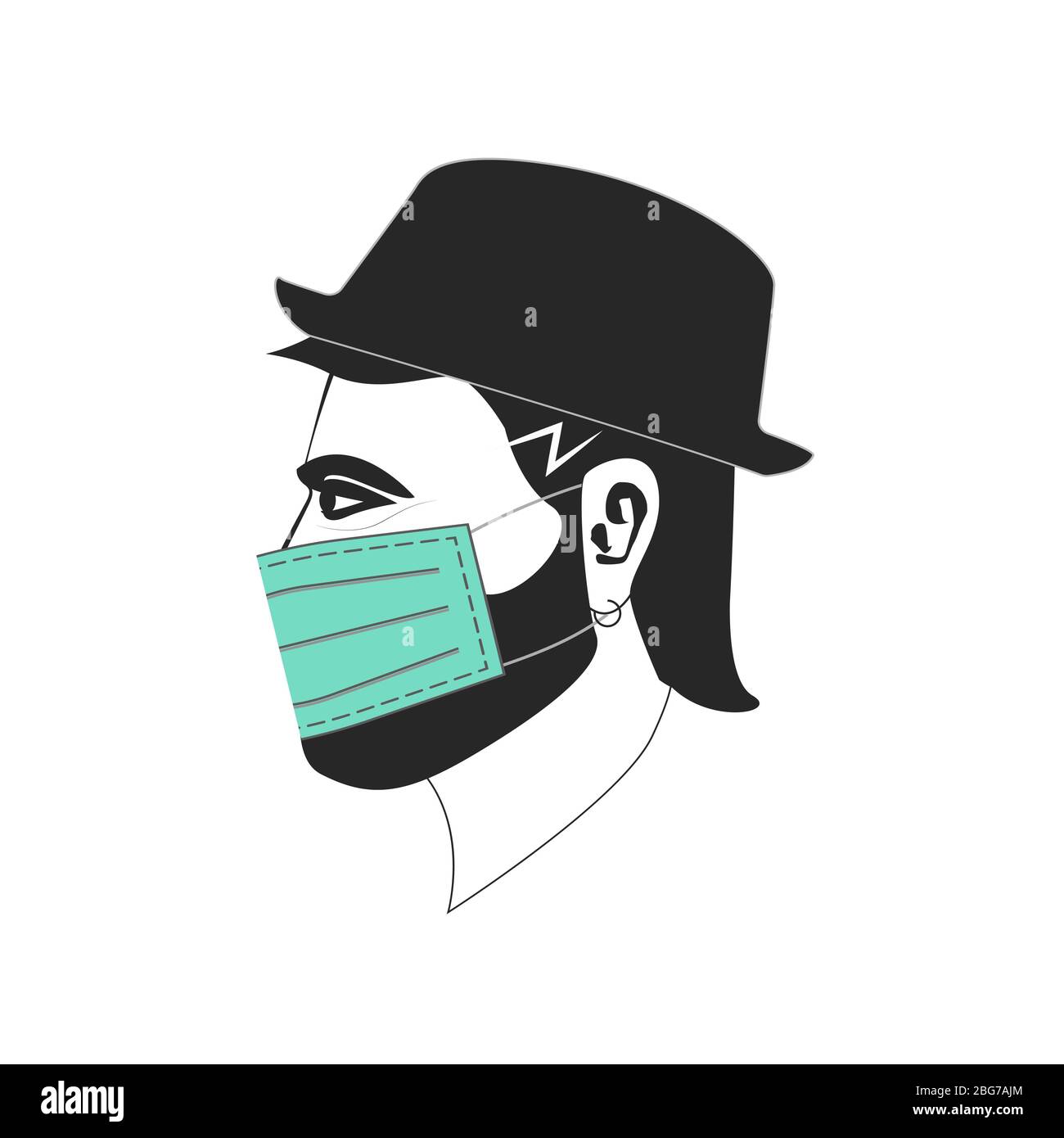Man s face as illustration with virus protection mask and hat Stock ...