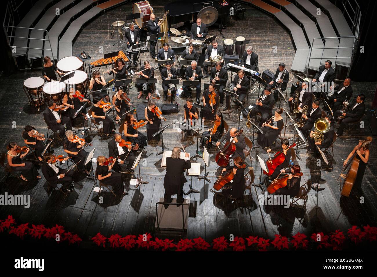 Overhead high angle view of conductor leading classical orchestra (all ...