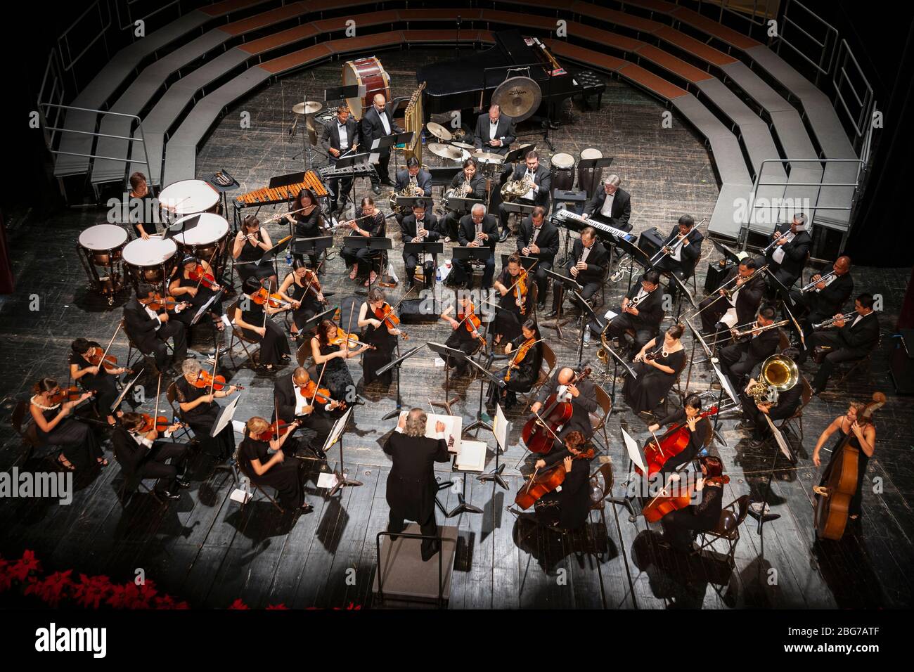 Overhead high angle view of conductor leading classical orchestra (all ...