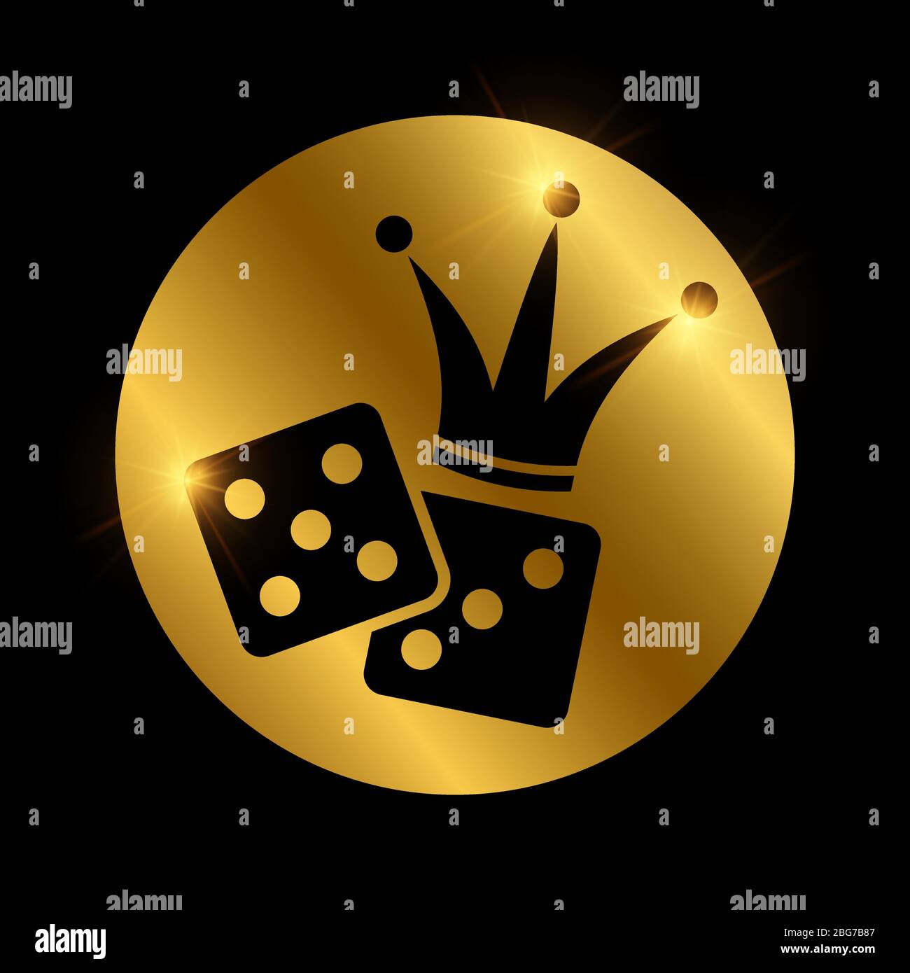 Dice and crown black silhouette on gold round. Vector gambling icon ...
