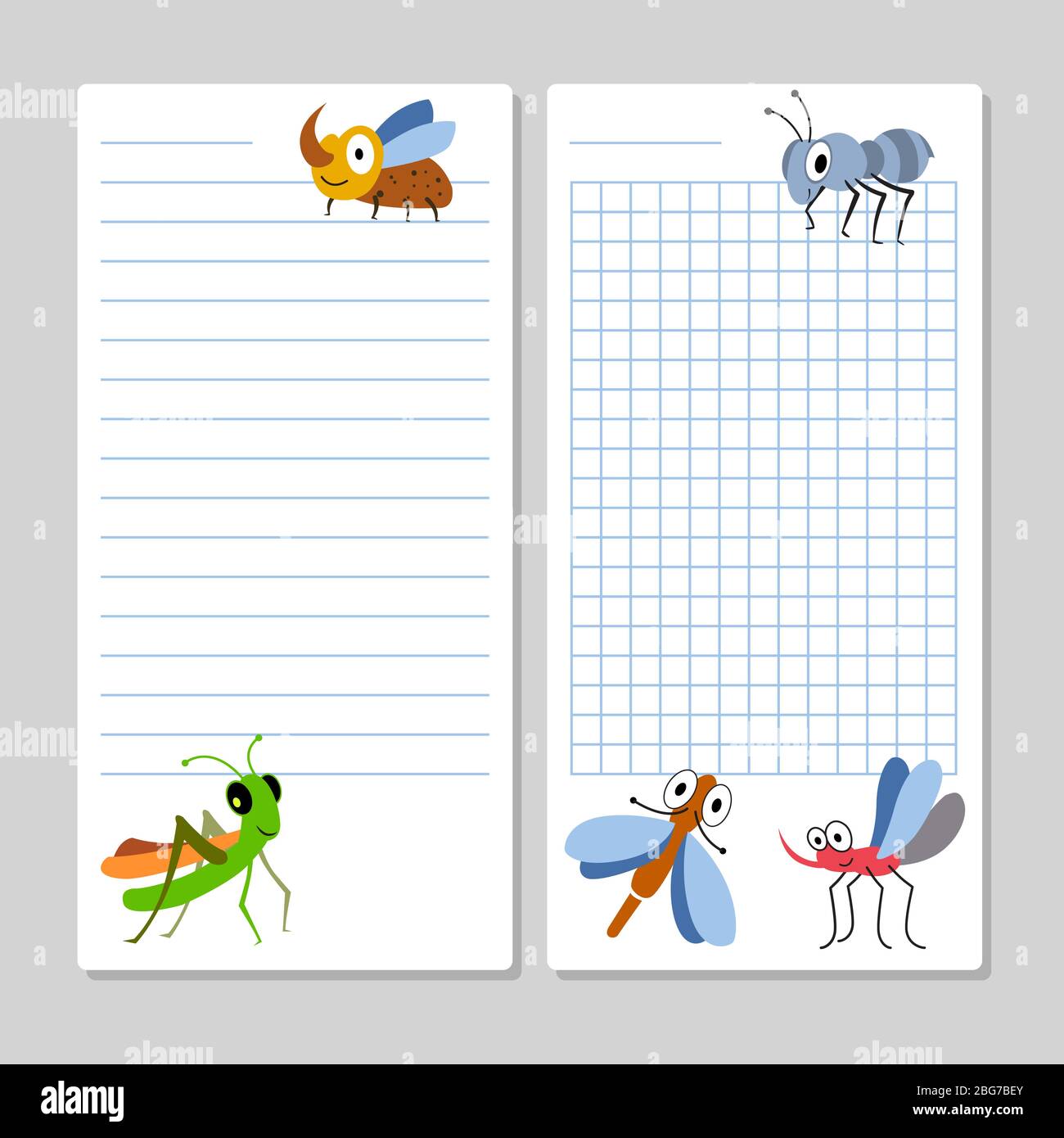 Lined notebook pages template with cartoon insects isolated. Vector ...