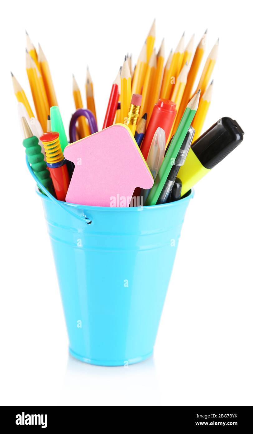 Colorful pencils and other art supplies in pail isolated on white Stock ...
