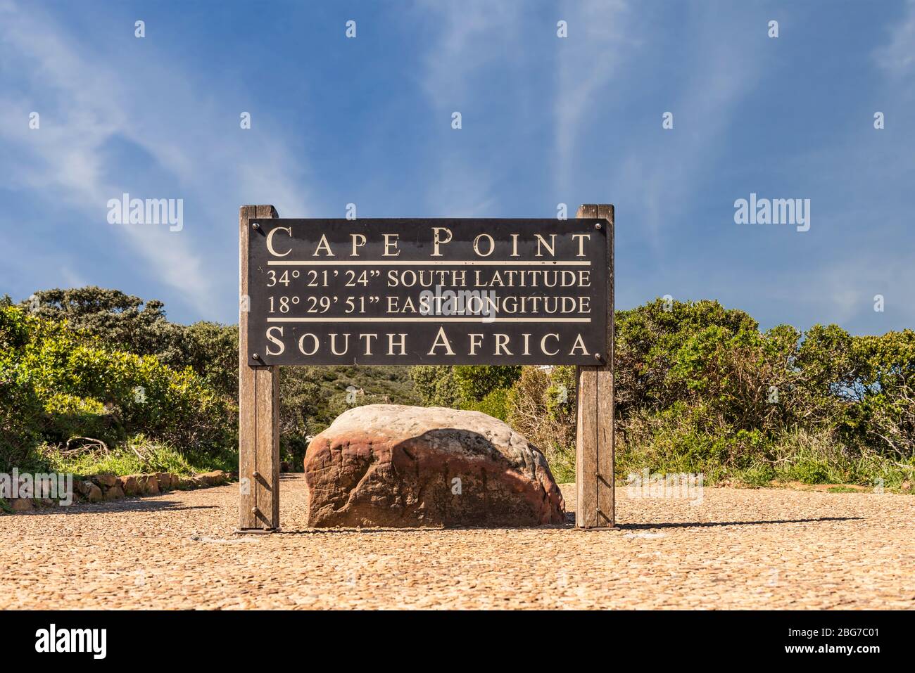 Cape Point sign with coordinates next to the lighthouse path with ...