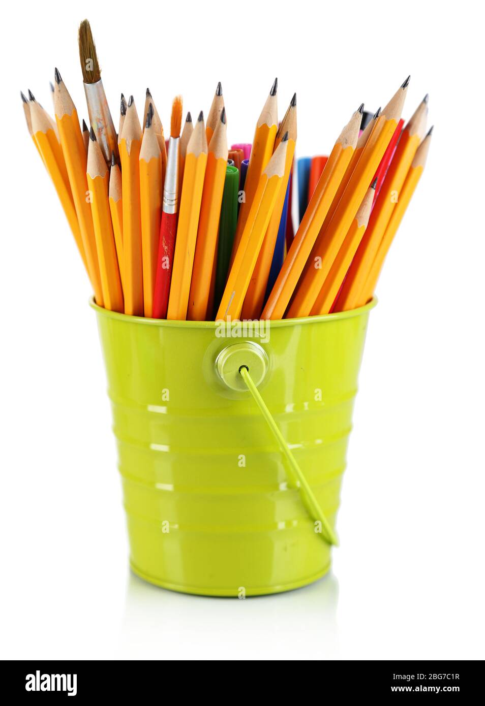 Colorful pencils and other art supplies in pail isolated on white Stock ...