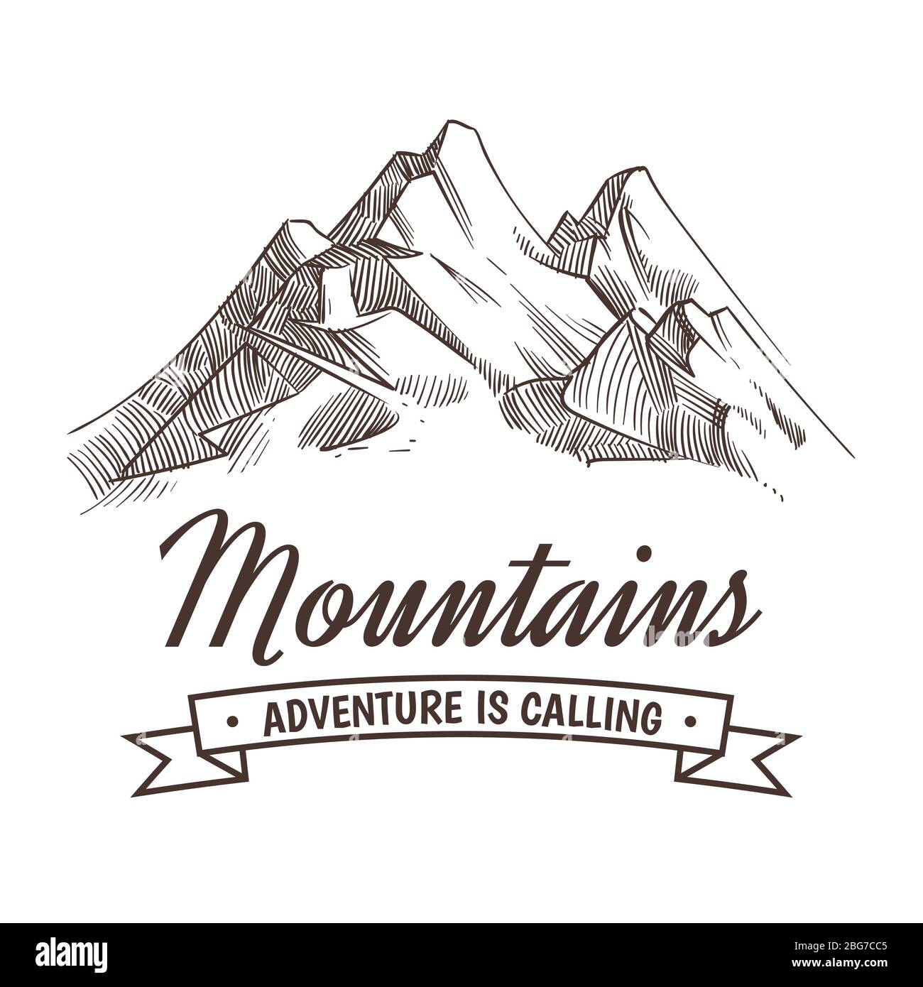 Hand drawing high mountain peak and forest vintage adventure vector ...