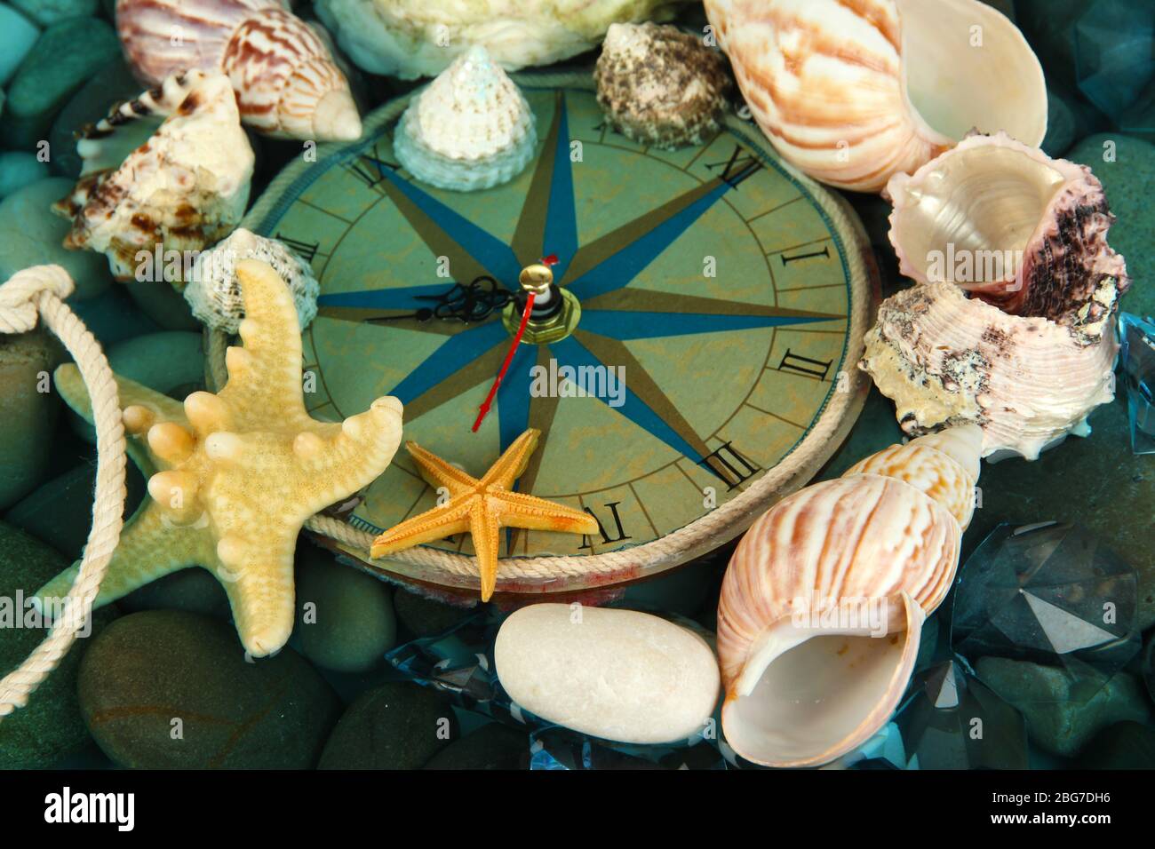 Clock on sea bottom with shells and stones Stock Photo - Alamy