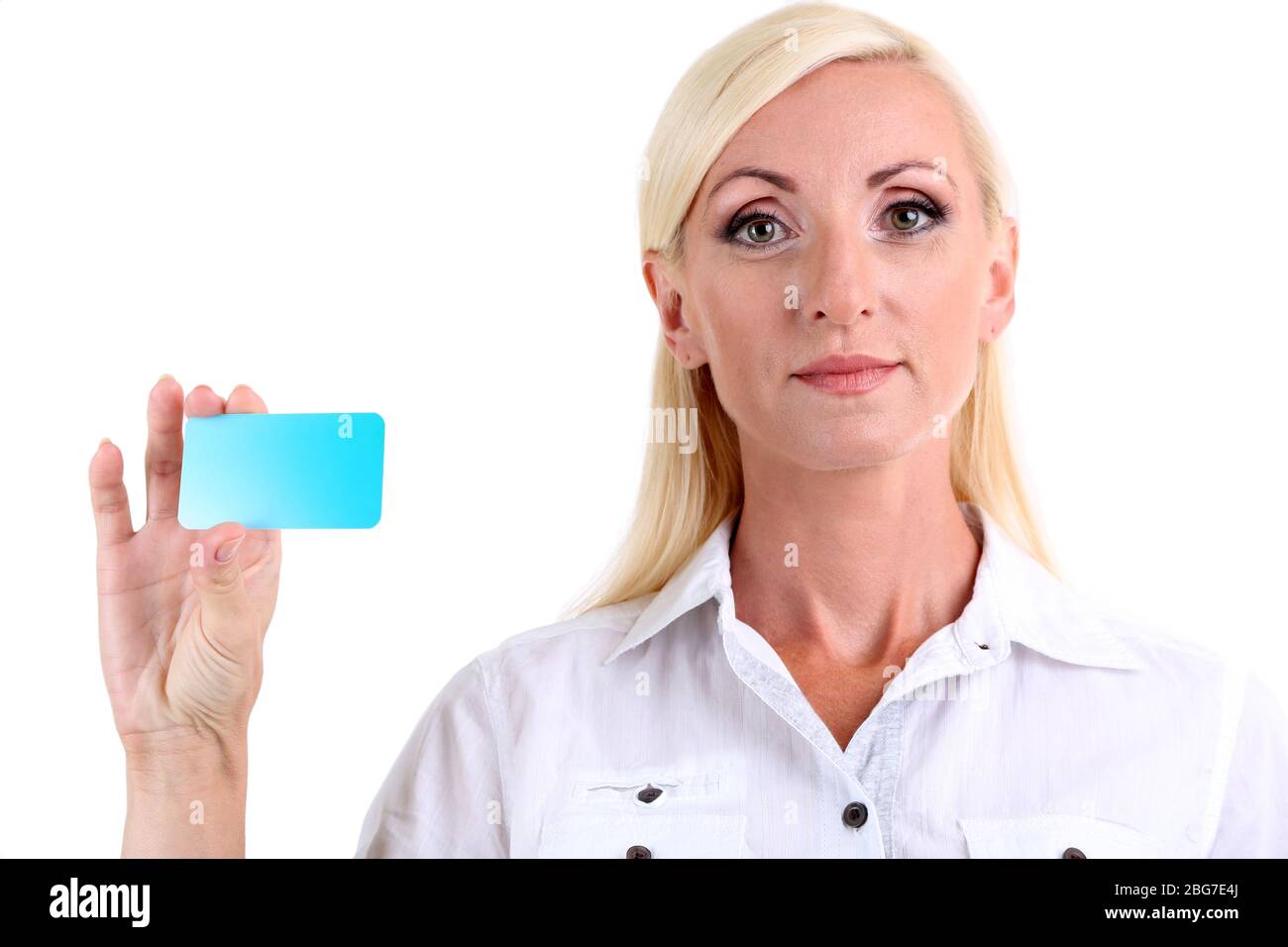 Business woman portrait with visiting card isolated on white Stock ...